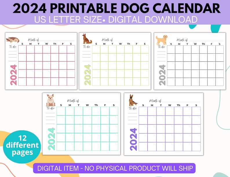 2024 Printable Calendar With Dogs, Dog Calendar, Printable Calendar ...
