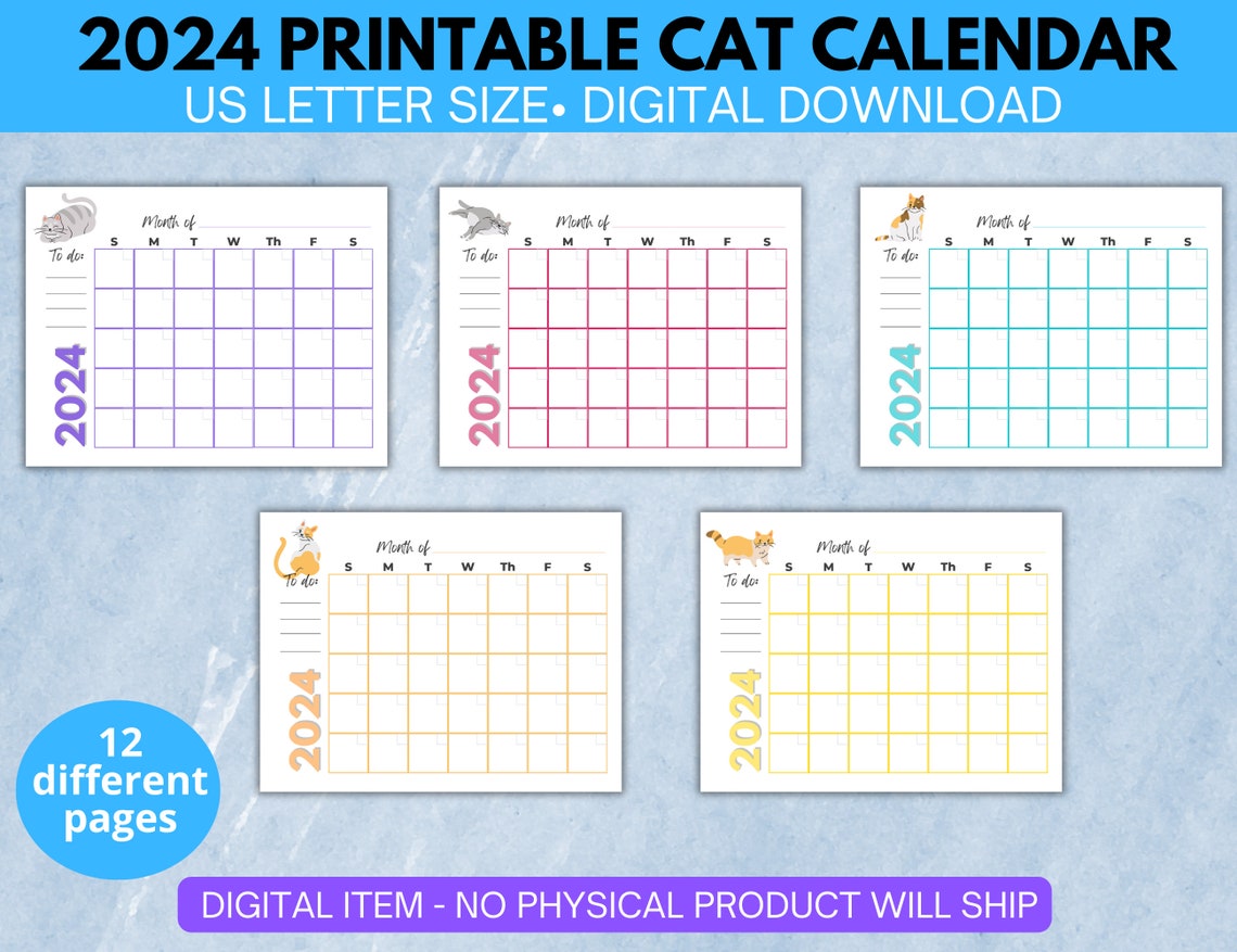 2024 Printable Calendar With Cats, Cat Calendar, Printable Calendar ...
