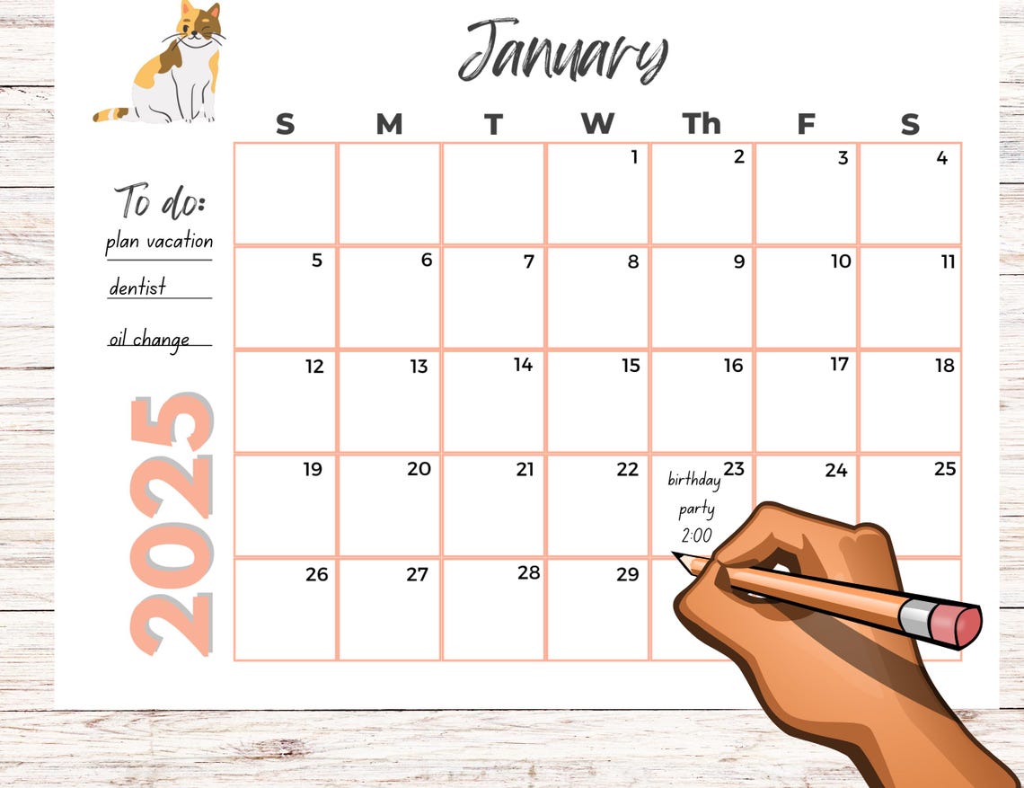 2025 Cat Calendar, Cat Calendar With Numbers, Printable Calendar 2025 ...