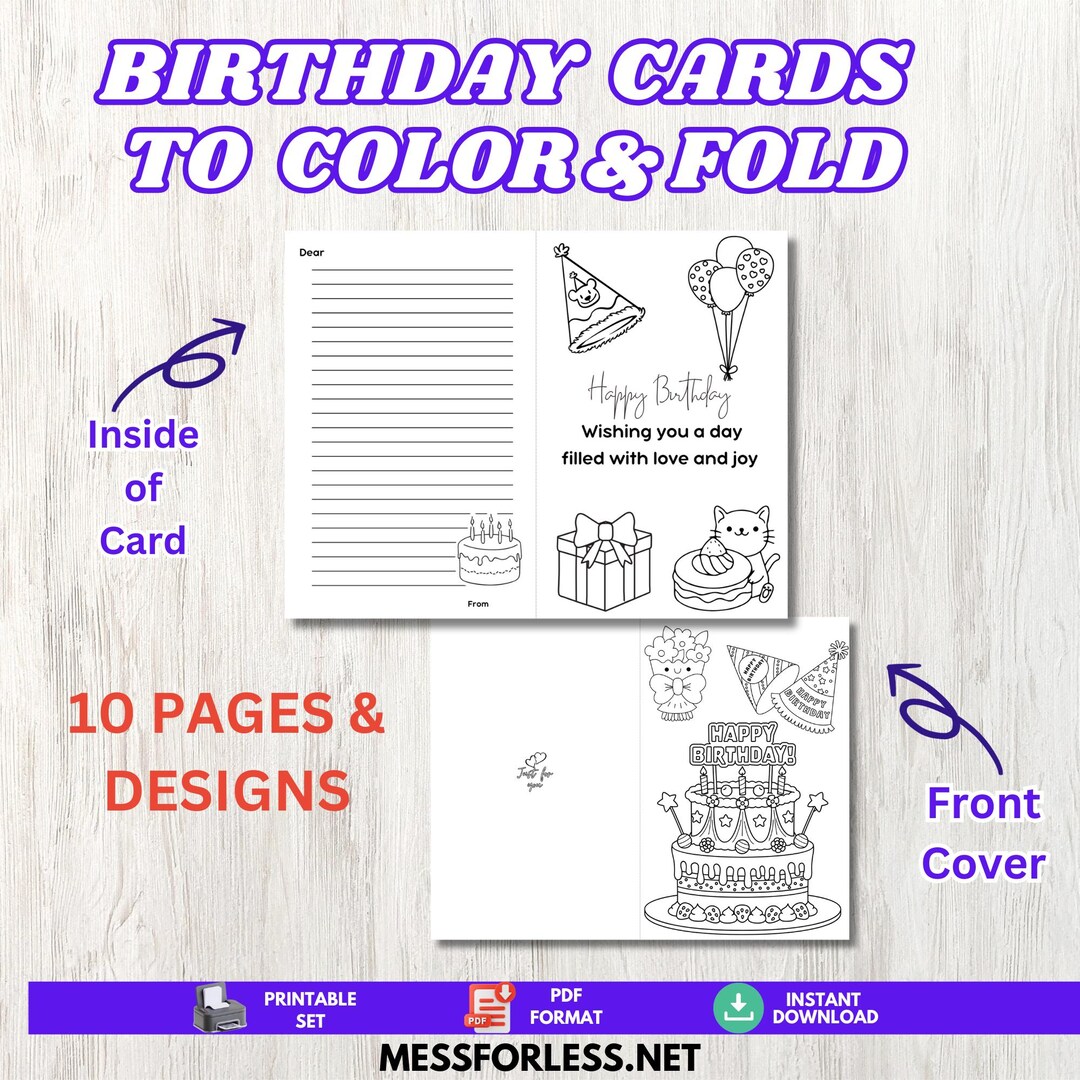 Printable Birthday Cards to Color, Birthday Card Printable, Instant ...