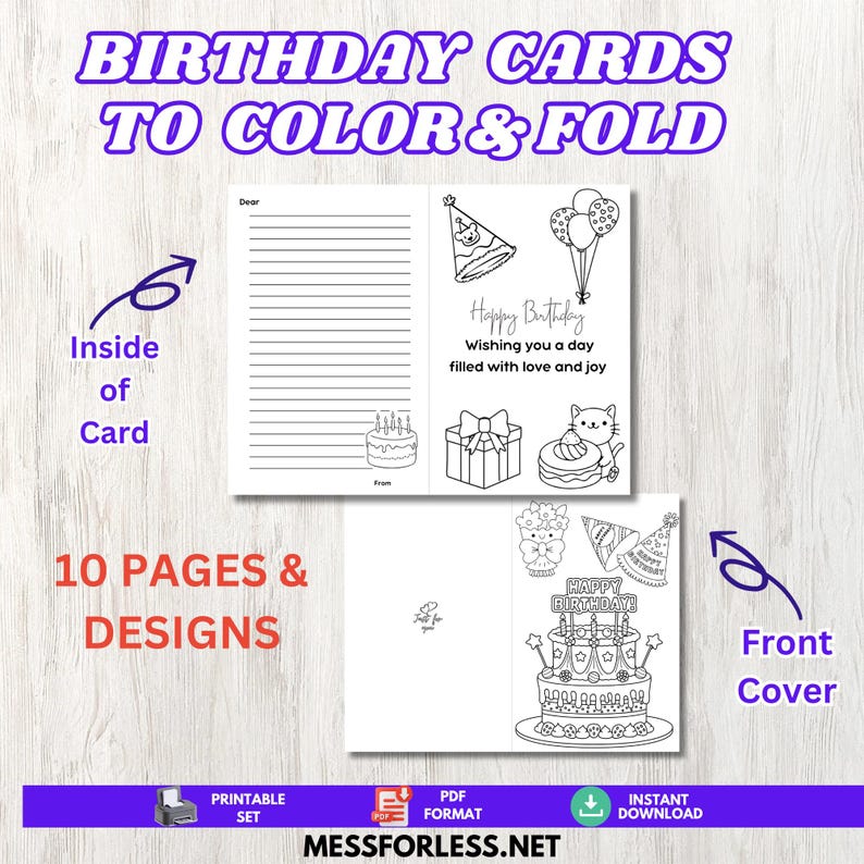 Printable Birthday Cards to Color, Birthday Card Printable, Instant ...