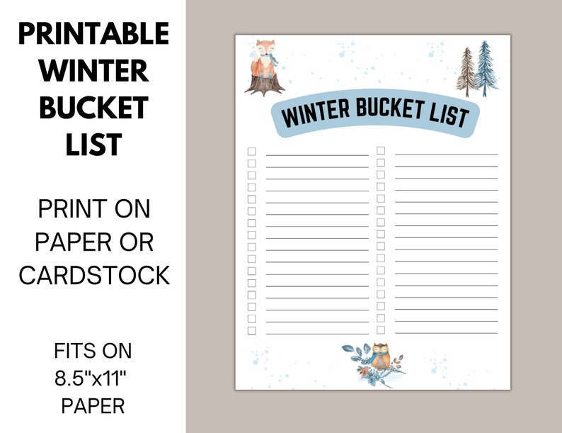 Winter Bucket List Printable, Printable Bucket List, Winter Activity ...