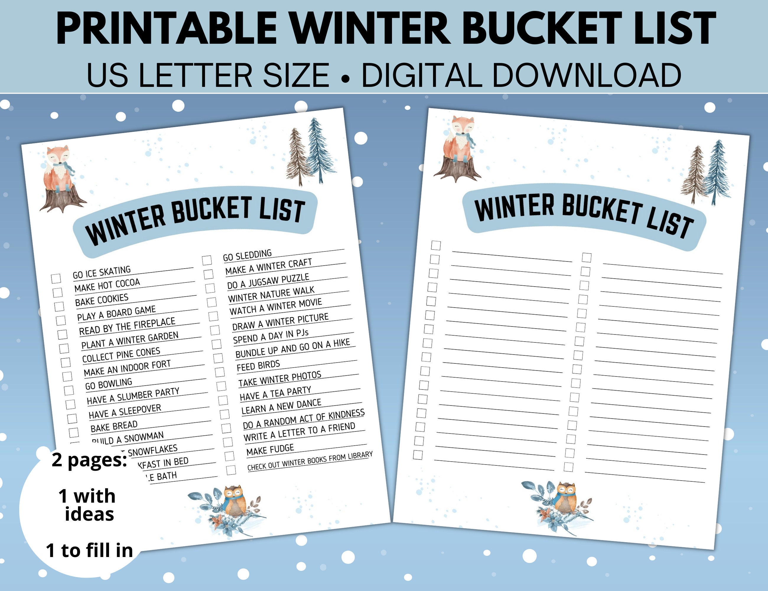 Winter Bucket List Printable, Printable Bucket List, Winter Activity ...