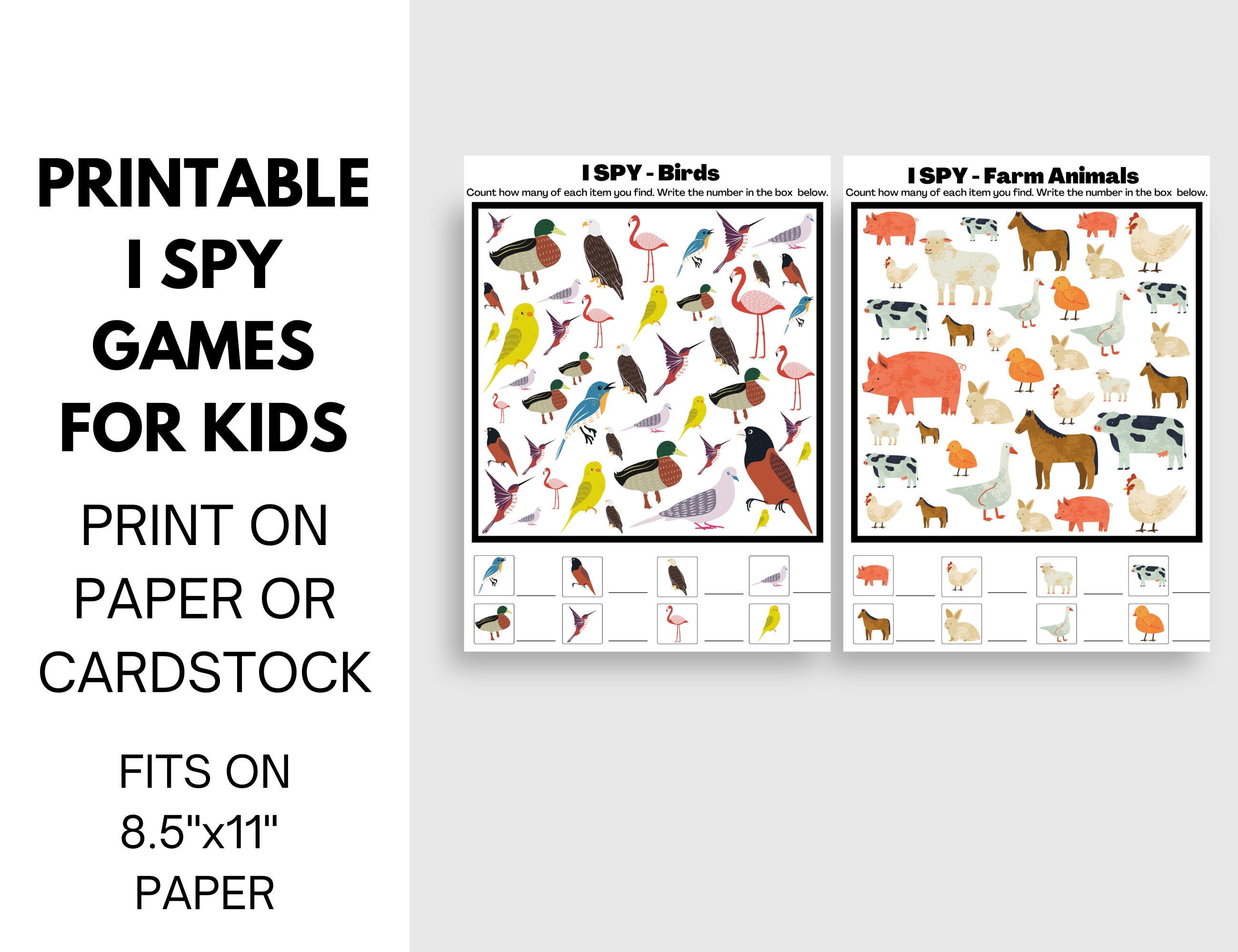Animal I Spy Games for Kids, Printable I Spy Animals, 5 Look and Find ...