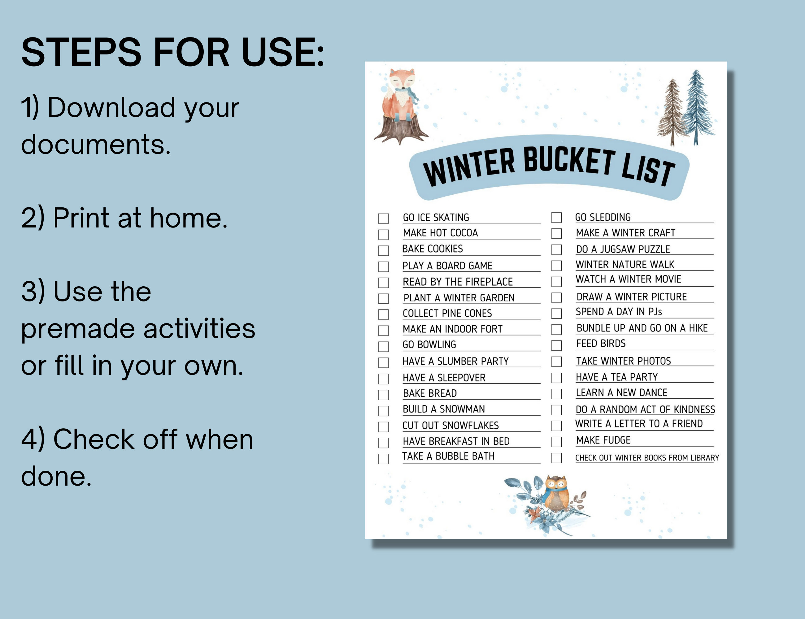 Winter Bucket List Printable, Printable Bucket List, Winter Activity ...