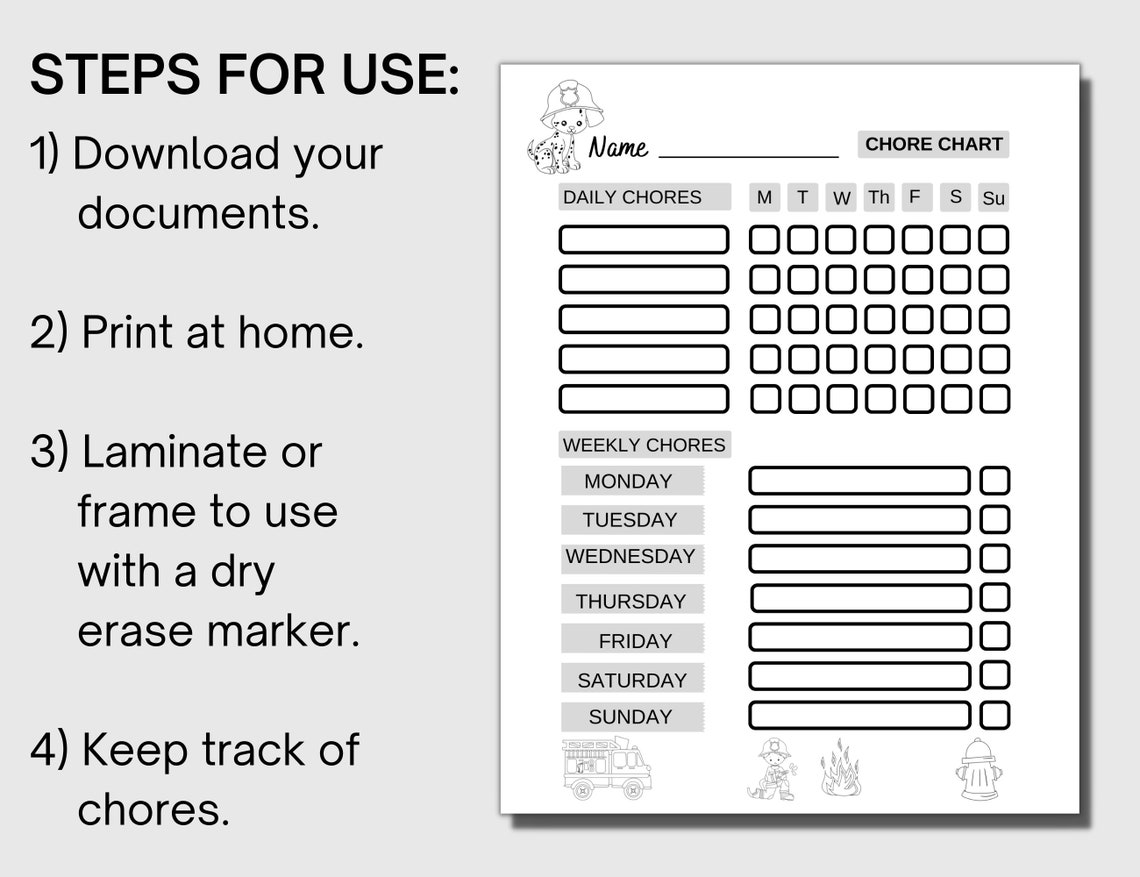 Firefighter Chore Chart for Kids: Printable Responsibility Chart ...