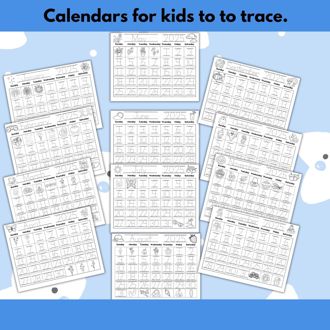 2025 Kids Traceable Calendar Printable, Traceable Kids Calendar 2025 ...