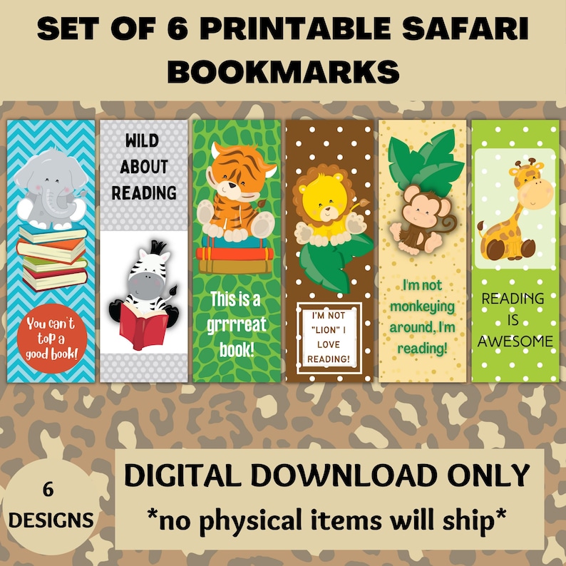 Printable Safari Bookmarks, Bookmarks for Kids, Safari Animal Bookmarks ...