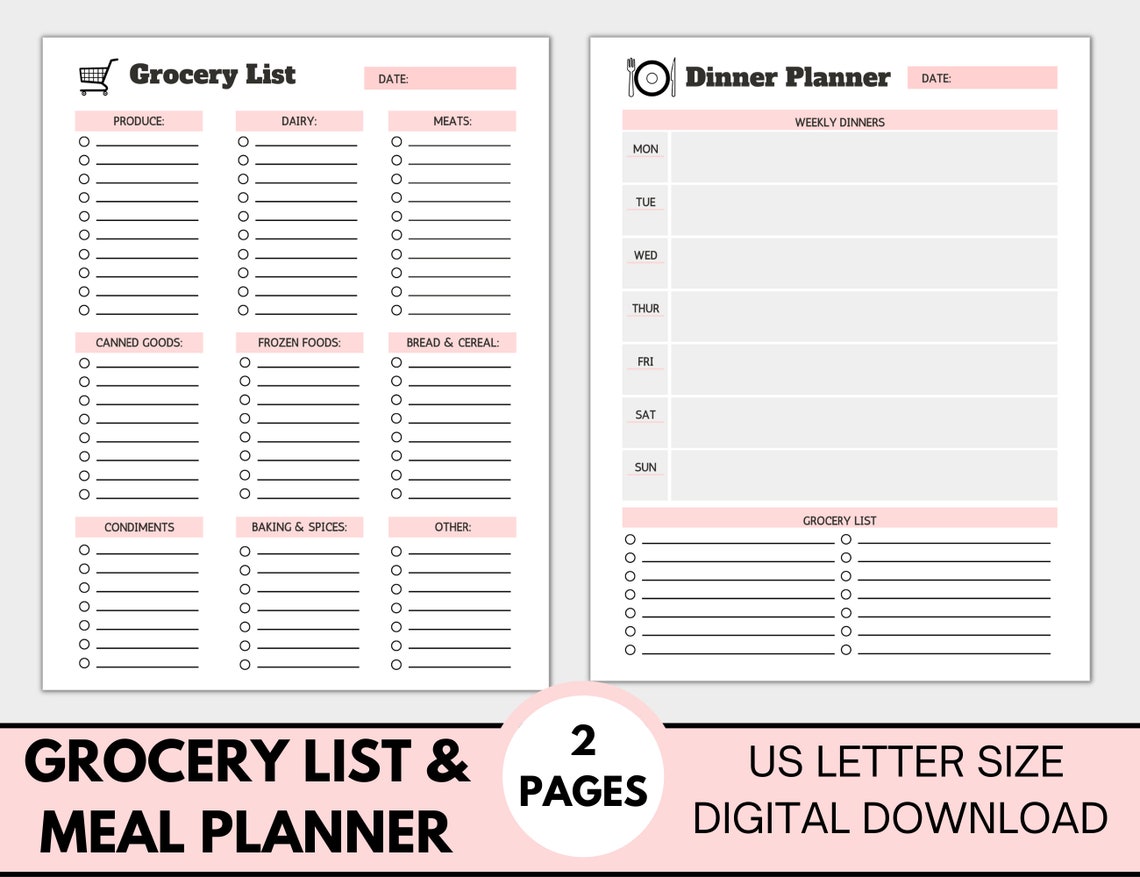 Grocery List and Menu Planner Printables, Shopping List, Dinner Planner ...