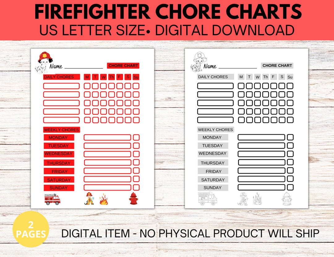 Firefighter Chore Chart for Kids: Printable Responsibility Chart ...