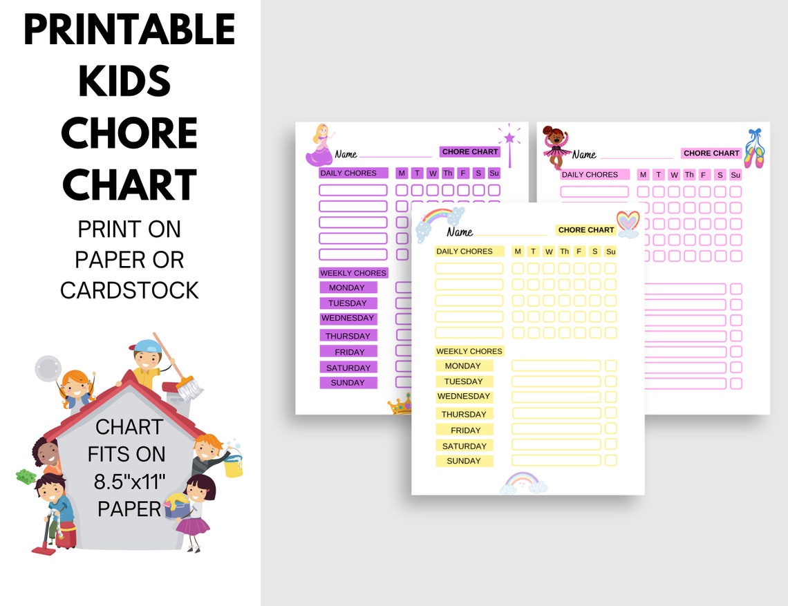 Printable Chore Chart for Kids, Chore Charts for Girls, Chore Charts ...