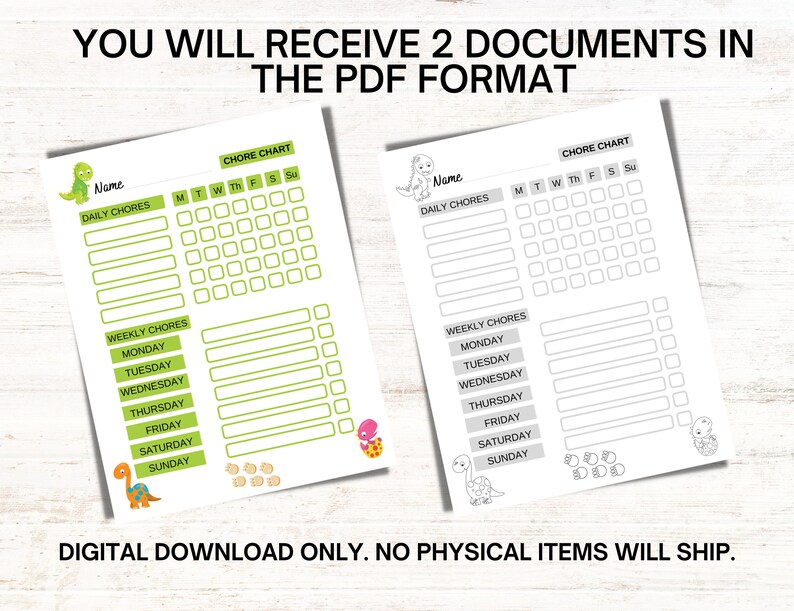 Dinosaur Chore Chart for Kids: Printable Responsibility Charts (digital ...