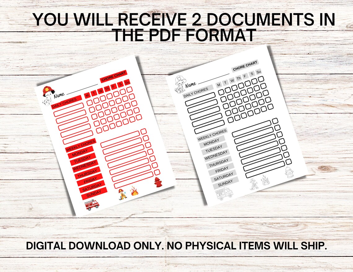 Firefighter Chore Chart for Kids: Printable Responsibility Chart ...