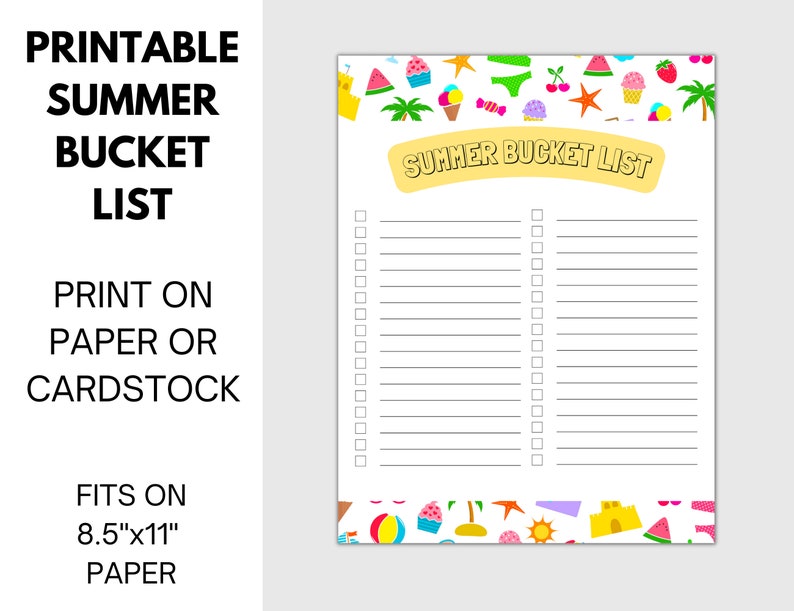 Summer Bucket List Printable, Printable Bucket List, Summer Activity ...