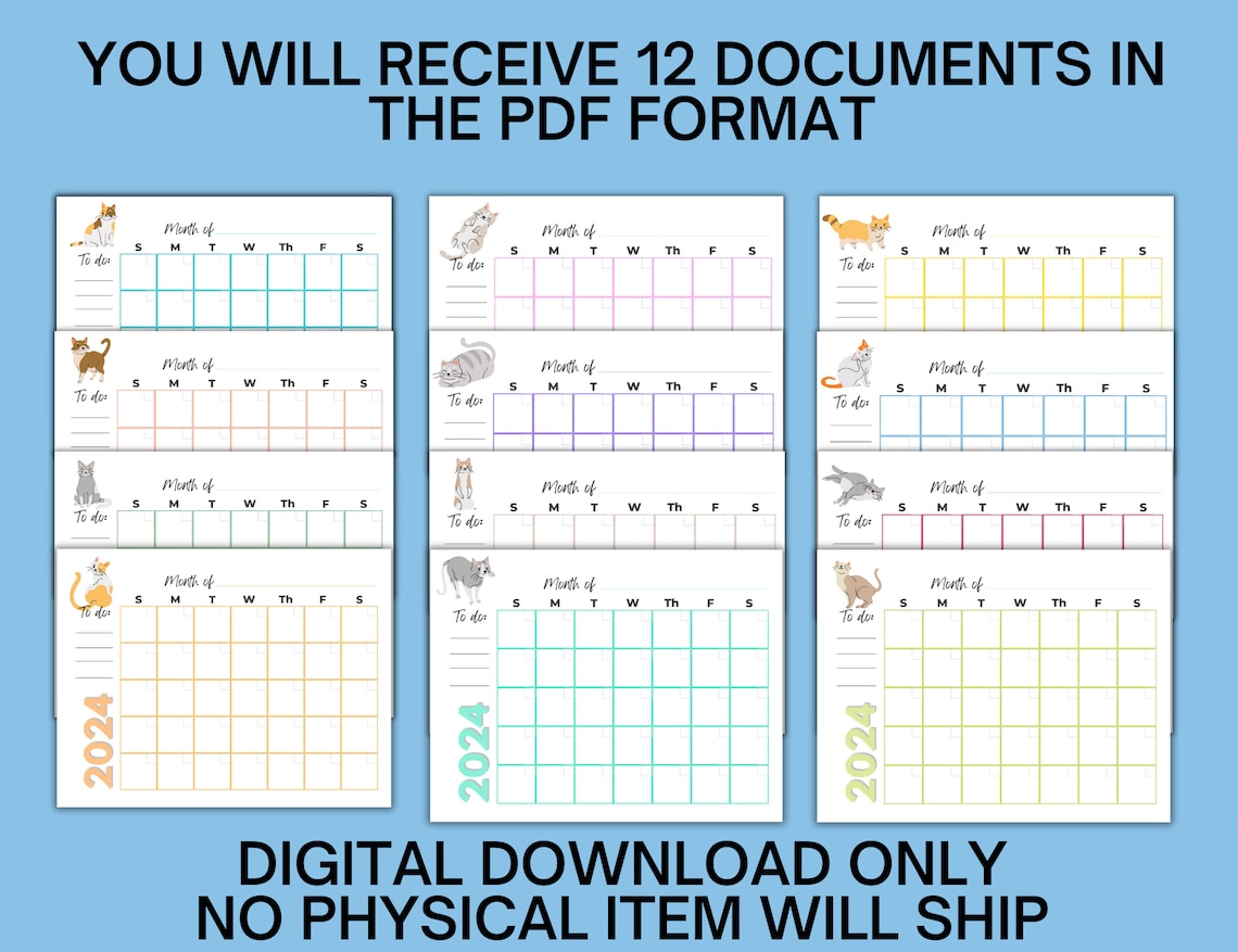 2024 Printable Calendar With Cats, Cat Calendar, Printable Calendar ...