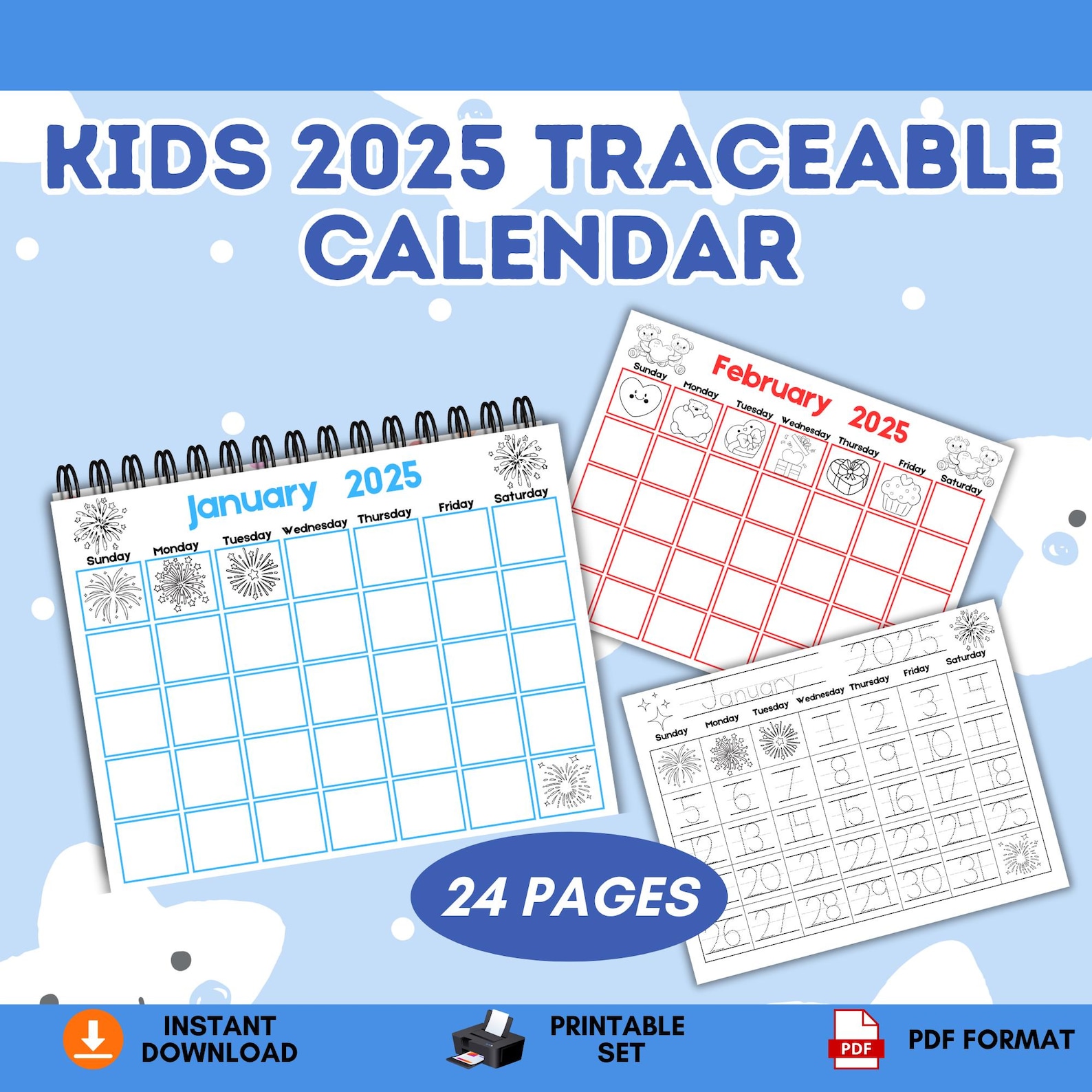 2025 Kids Traceable Calendar Printable, Traceable Kids Calendar 2025 ...