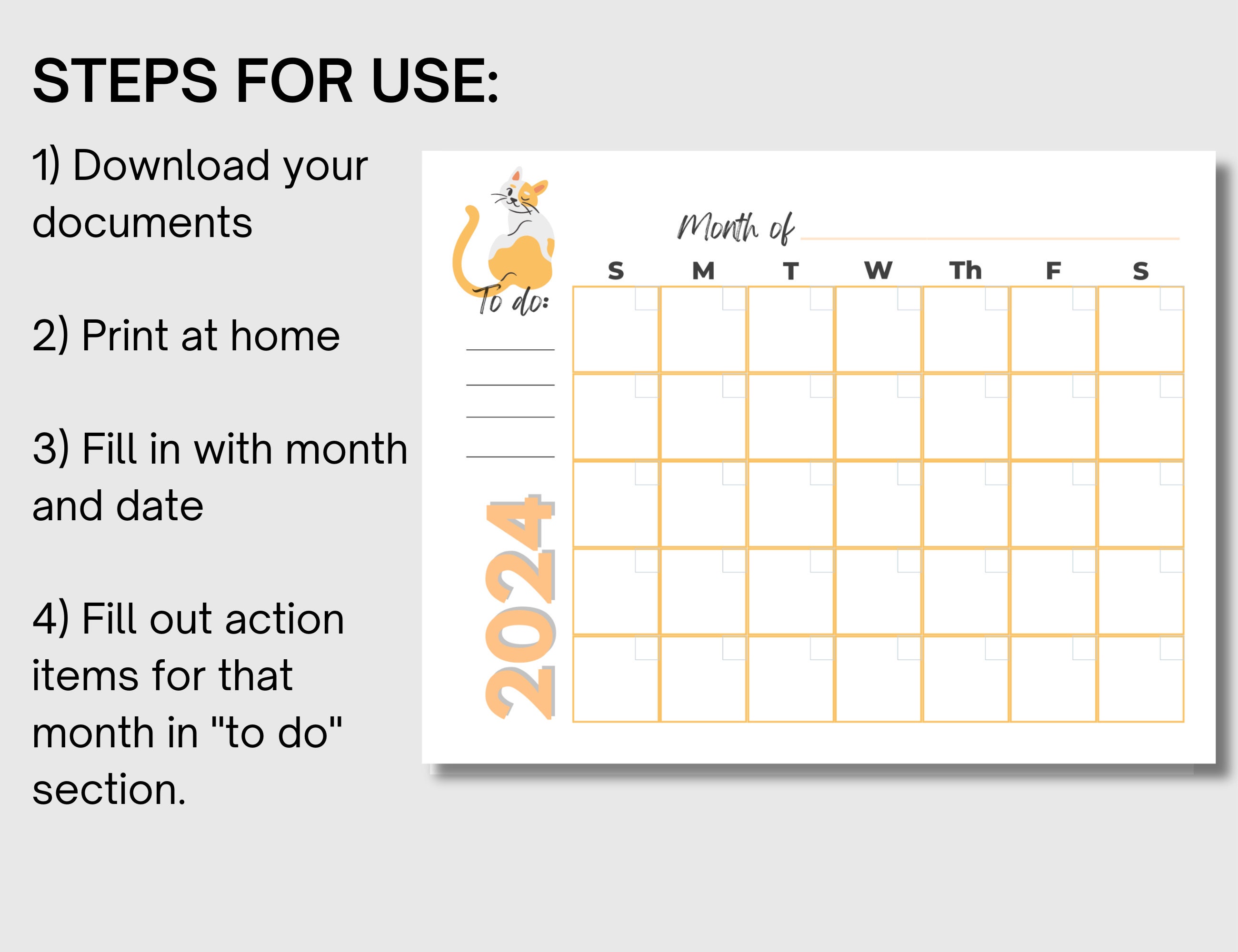 2024 Printable Calendar With Cats, Cat Calendar, Printable Calendar ...