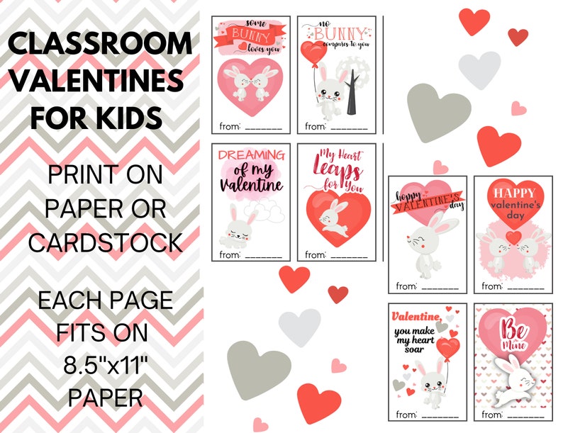 Printable Classroom Valentines, Class Valentines, Bunny Valentines ...