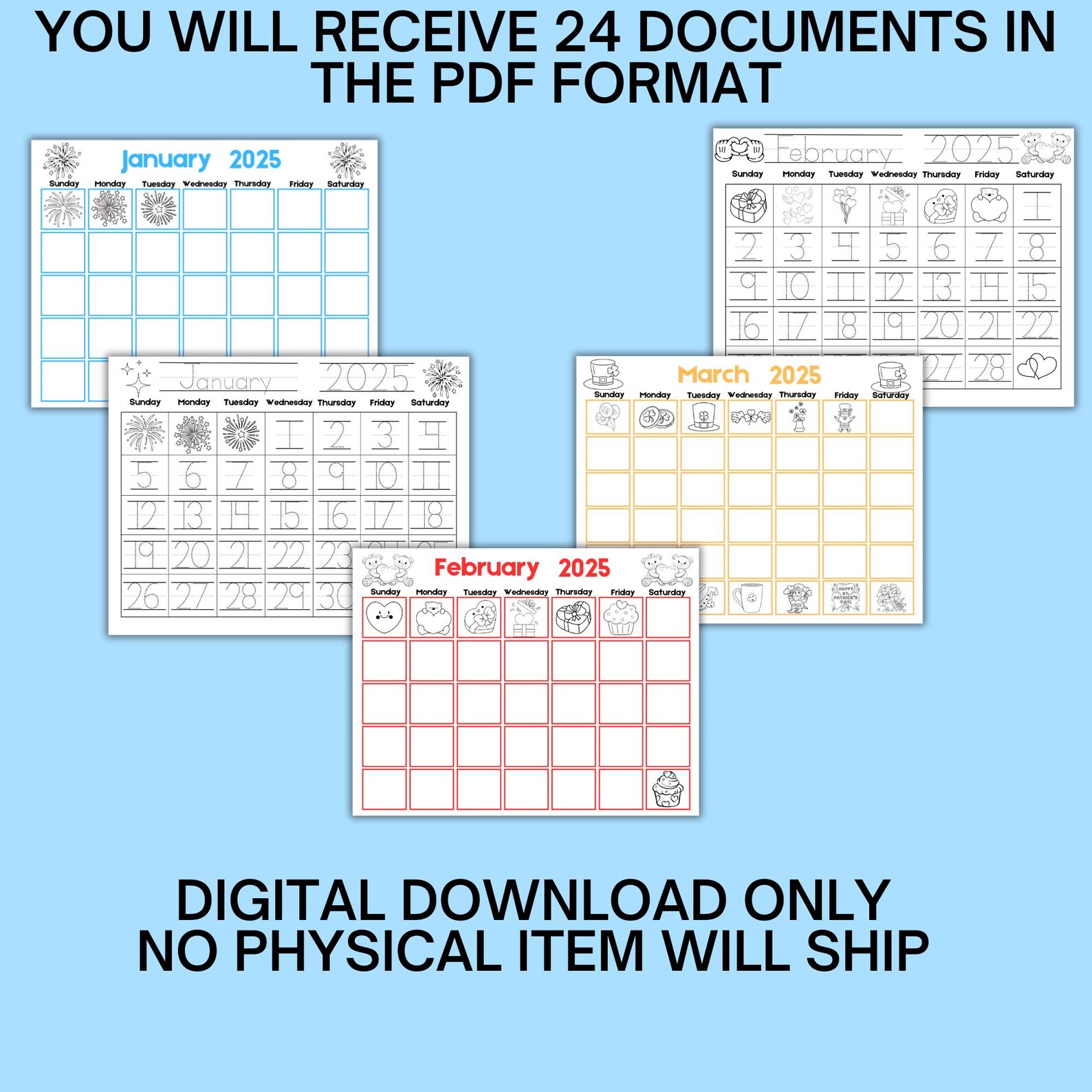 2025 Kids Traceable Calendar Printable, Traceable Kids Calendar 2025 ...
