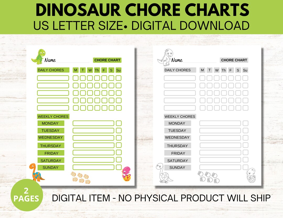 Dinosaur Chore Chart for Kids: Printable Responsibility Charts (digital ...