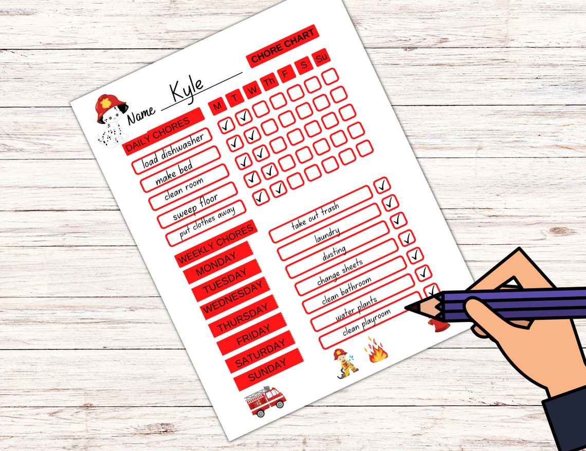 Firefighter Chore Chart for Kids: Printable Responsibility Chart ...