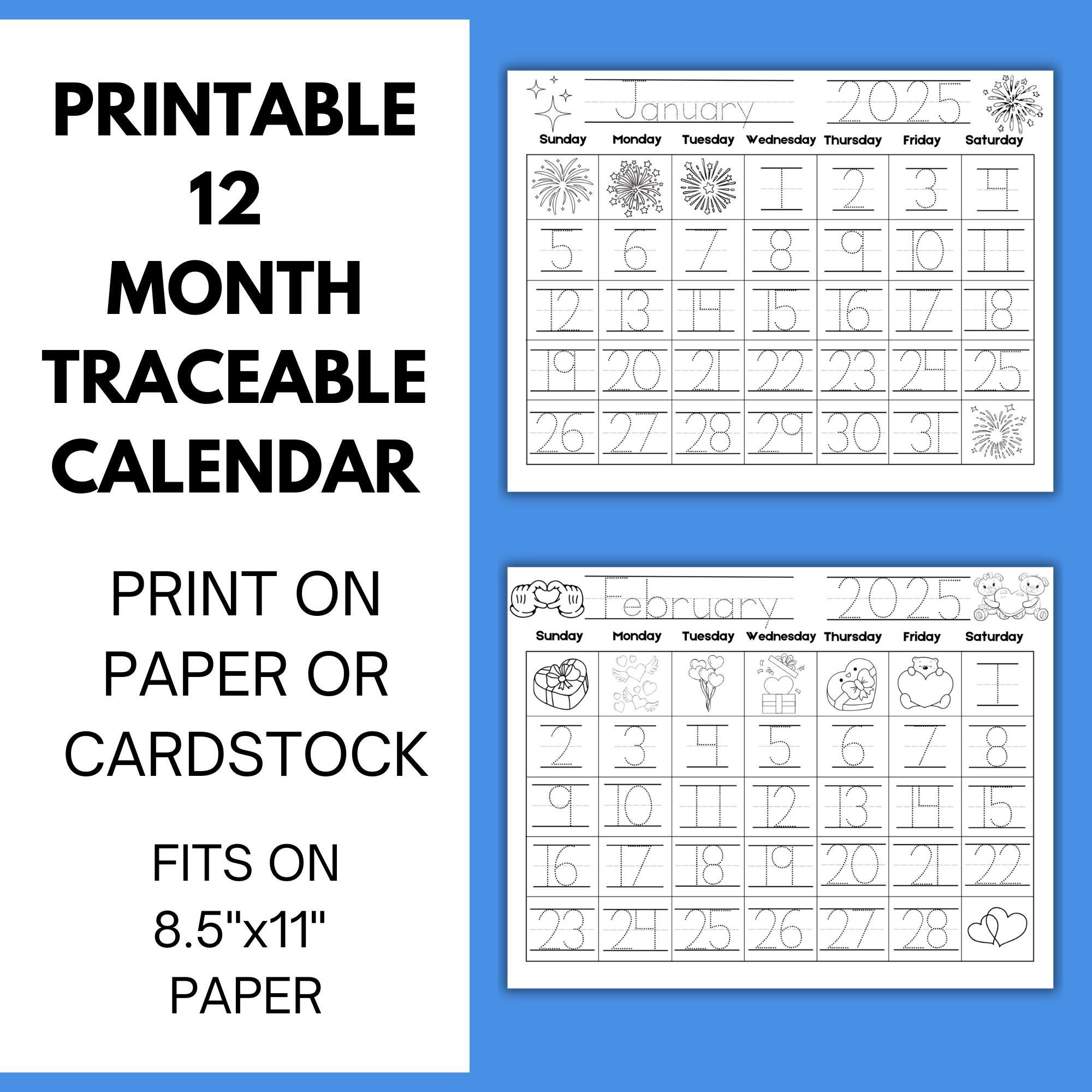 2025 Kids Traceable Calendar Printable, Traceable Kids Calendar 2025 ...