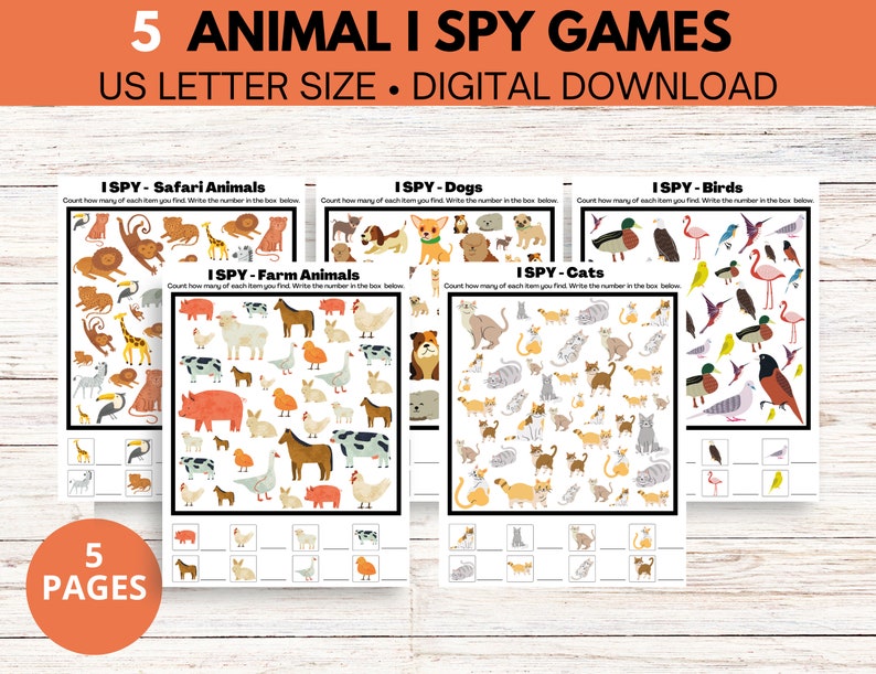 Animal I Spy Games for Kids, Printable I Spy Animals, 5 Look and Find ...