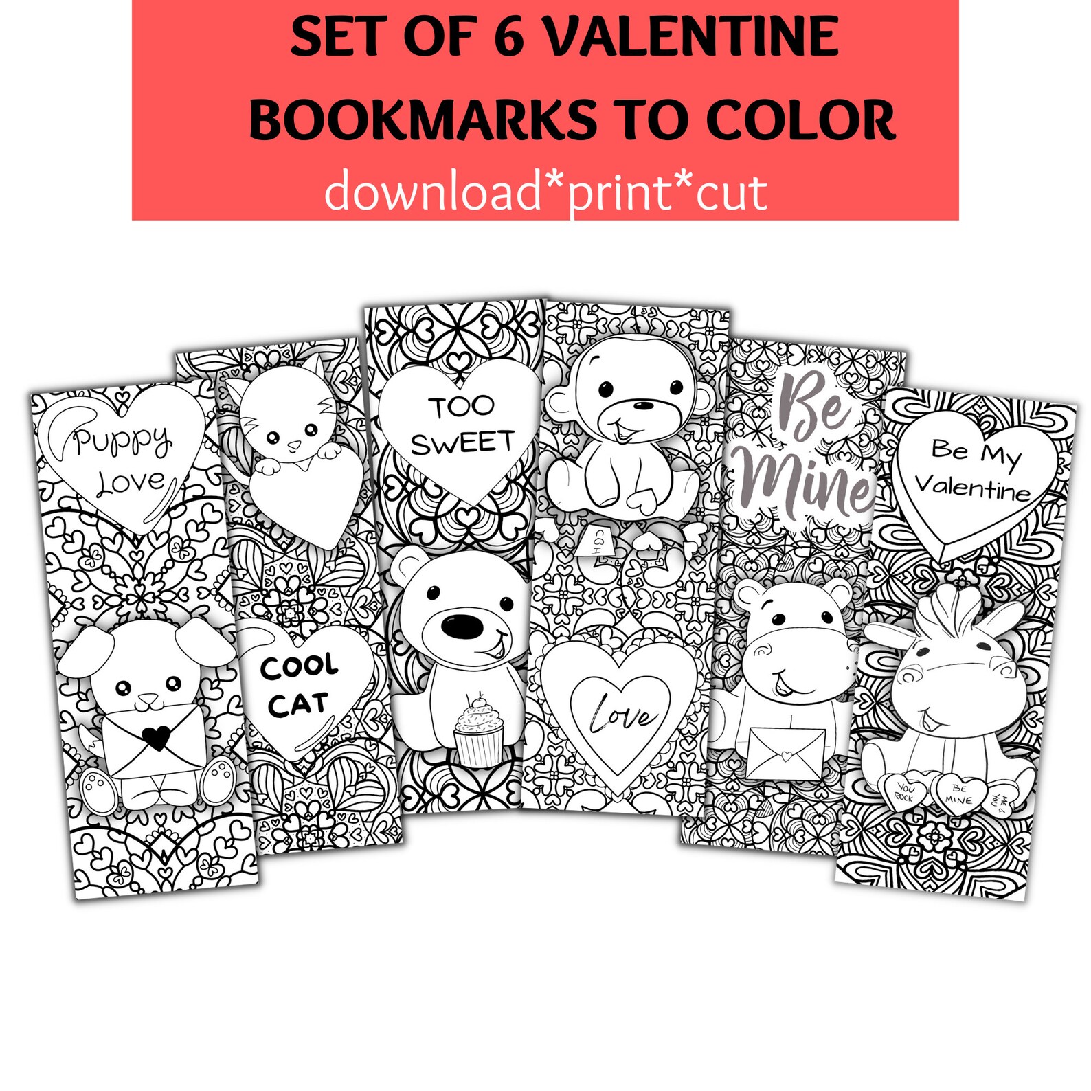 Printable Valentine's Bookmarks to Color, Valentine Coloring Bookmarks ...