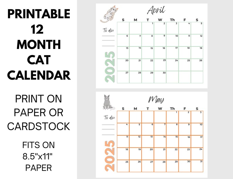 2025 Cat Calendar, Cat Calendar With Numbers, Printable Calendar 2025 ...