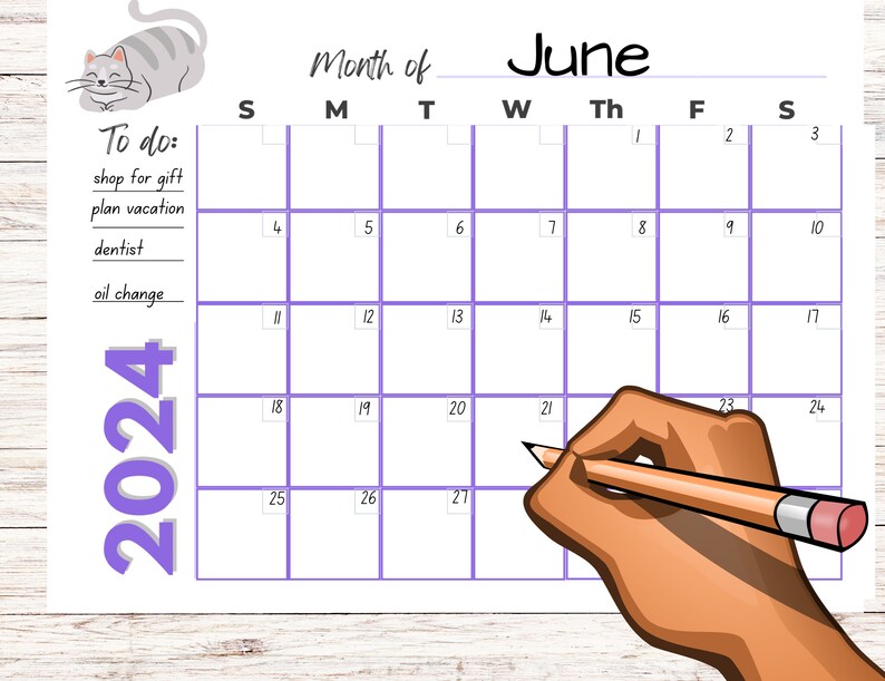 2024 Printable Calendar With Cats, Cat Calendar, Printable Calendar ...