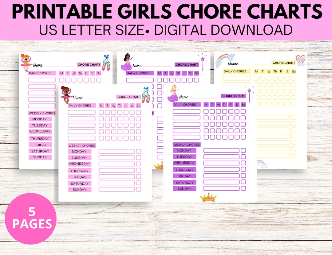 Printable Chore Chart for Kids, Chore Charts for Girls, Chore Charts ...