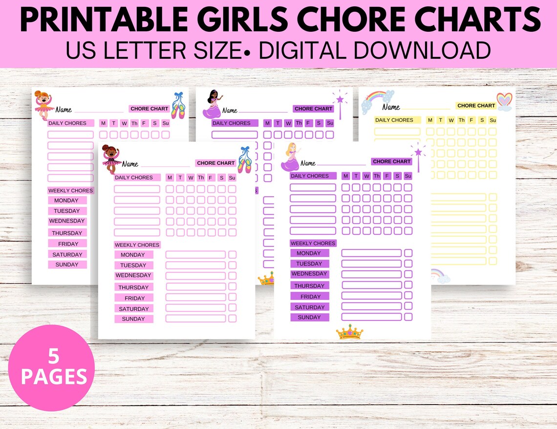 Printable Chore Chart for Kids, Chore Charts for Girls, Chore Charts ...