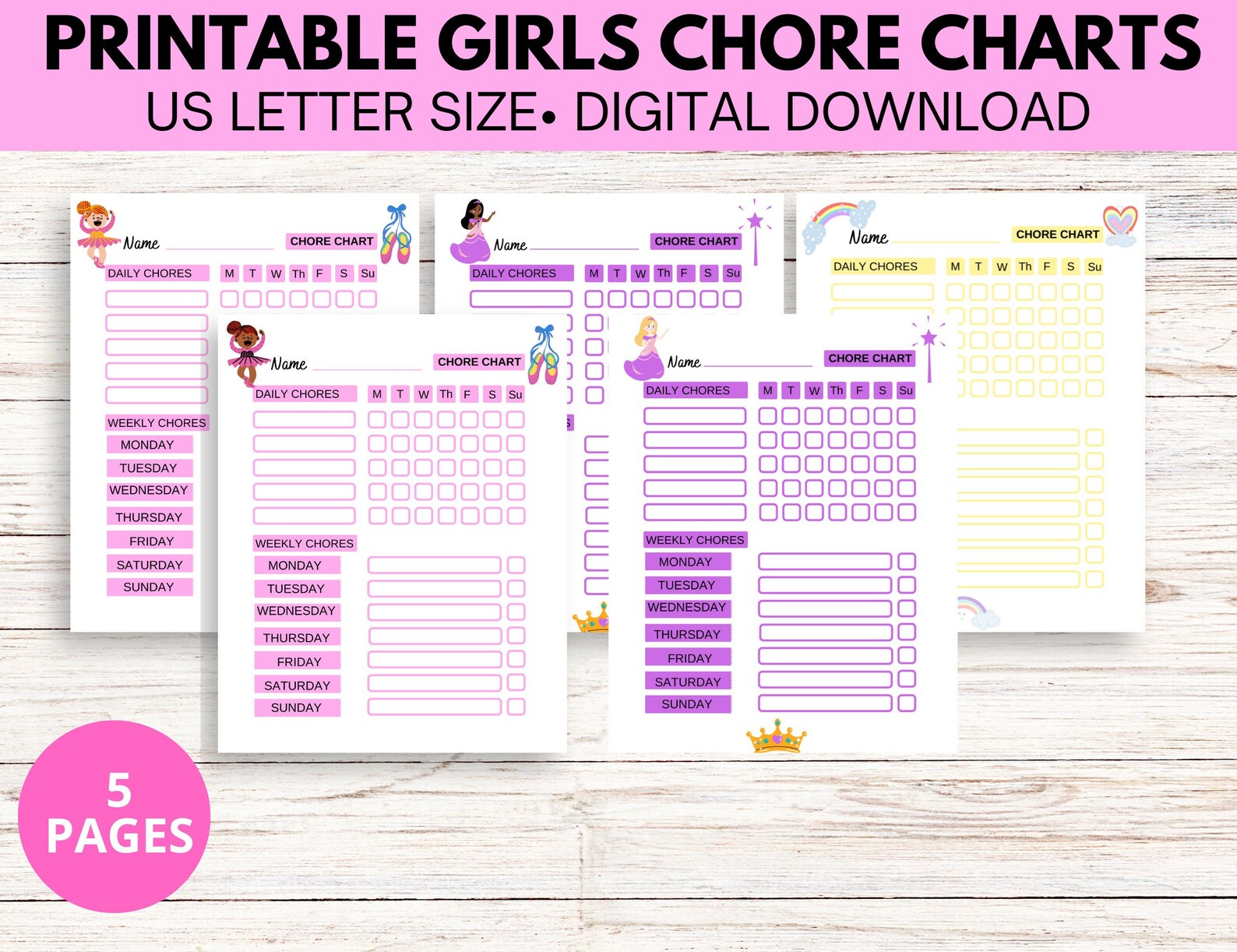 Printable Chore Chart for Kids, Chore Charts for Girls, Chore Charts ...