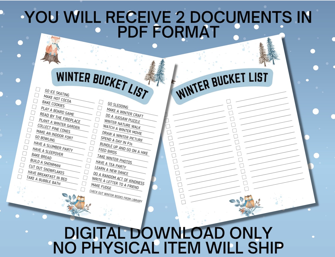 Winter Bucket List Printable, Printable Bucket List, Winter Activity ...
