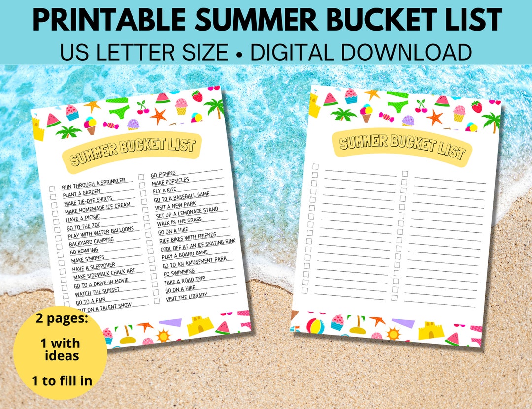 Summer Bucket List Printable, Printable Bucket List, Summer Activity ...