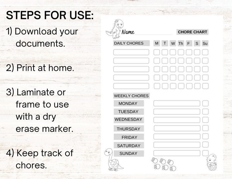 Dinosaur Chore Chart for Kids: Printable Responsibility Charts (digital ...