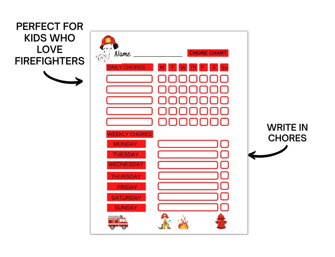 Firefighter Chore Chart for Kids: Printable Responsibility Chart ...