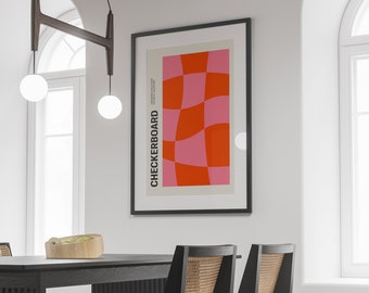 Funky Checkered Wavy Retro Digital Art Print, Black and White Trendy ...