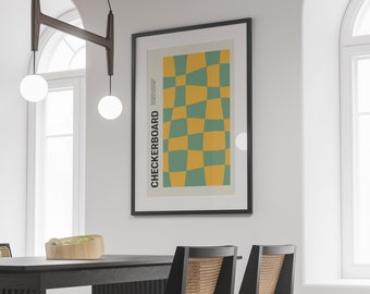 Funky Checkered Wavy Retro Digital Art Print, Black and White Trendy ...