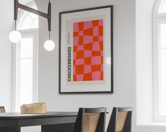 Funky Checkered Wavy Retro Digital Art Print Red and Pink - Etsy