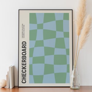 Funky Checkered Wavy Retro Digital Art Print, Green and Blue Trendy ...