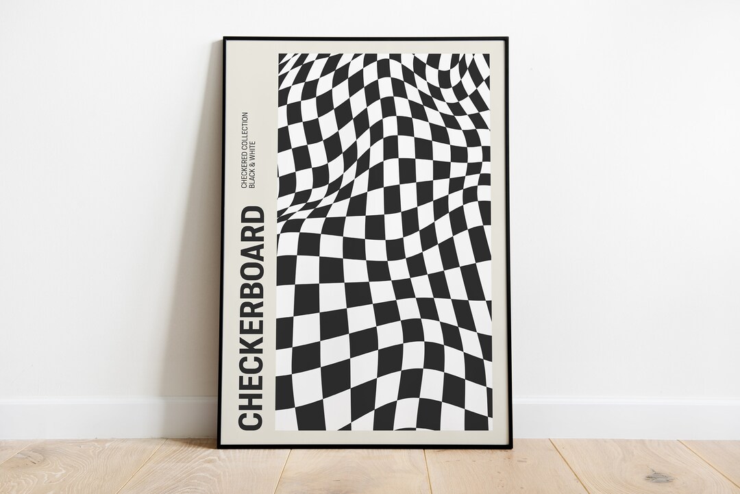Funky Checkered Wavy Retro Digital Art Print, Black and White Trendy ...