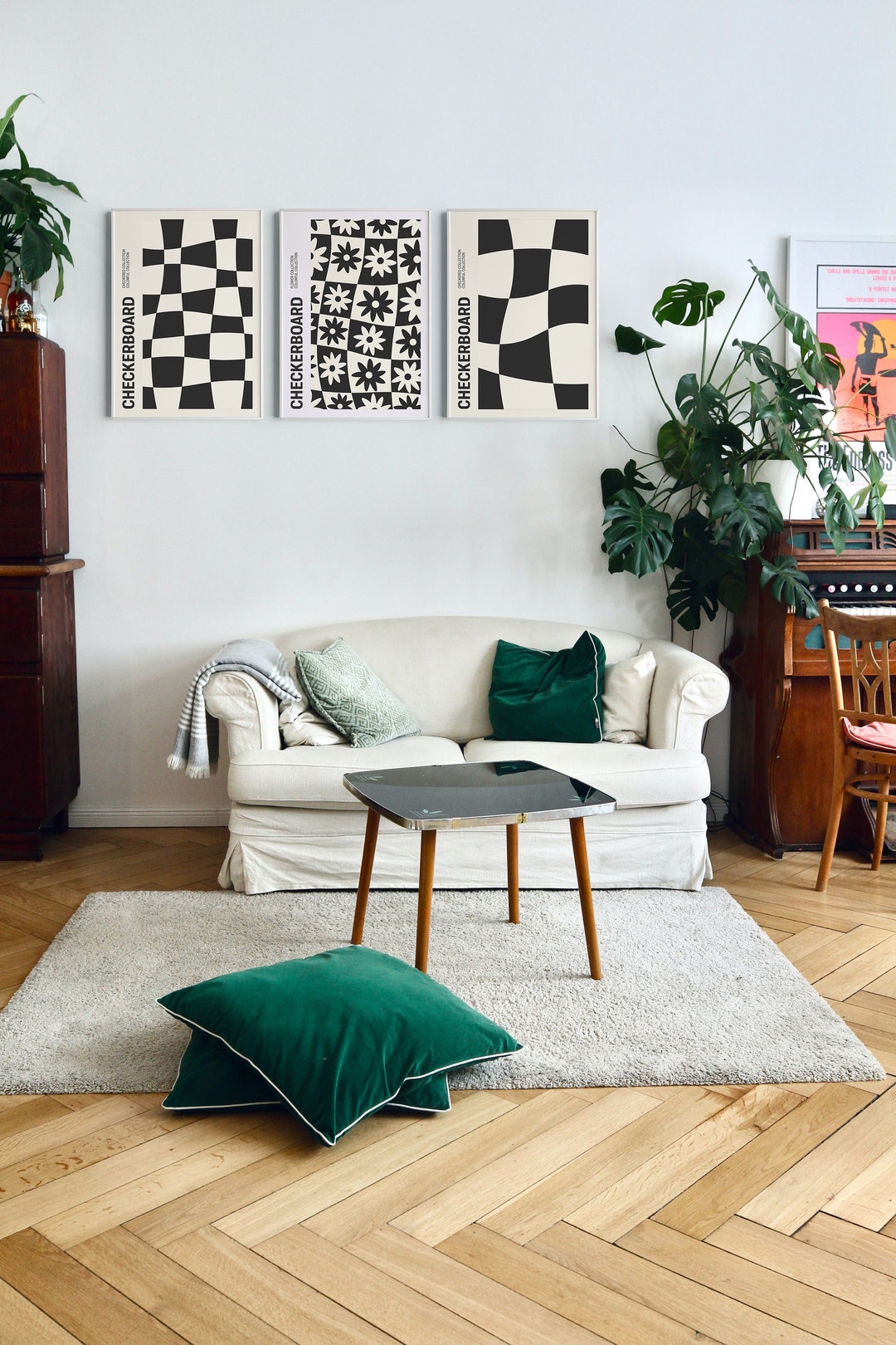 Funky Checkered Wavy Retro Set Digital Art Print, Black and Beige ...