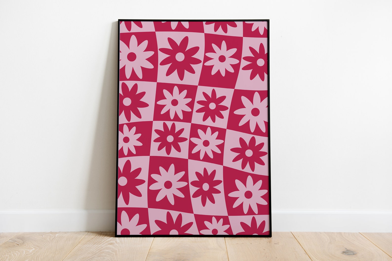 Funky Checkered Wavy Retro Digital Art Print, Pink Trendy Wall Art ...