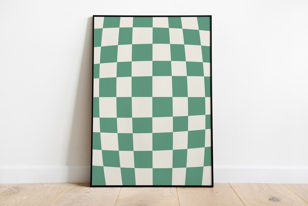 Funky Checkered Wavy Retro Digital Art Print, Green Trendy Wall Art ...