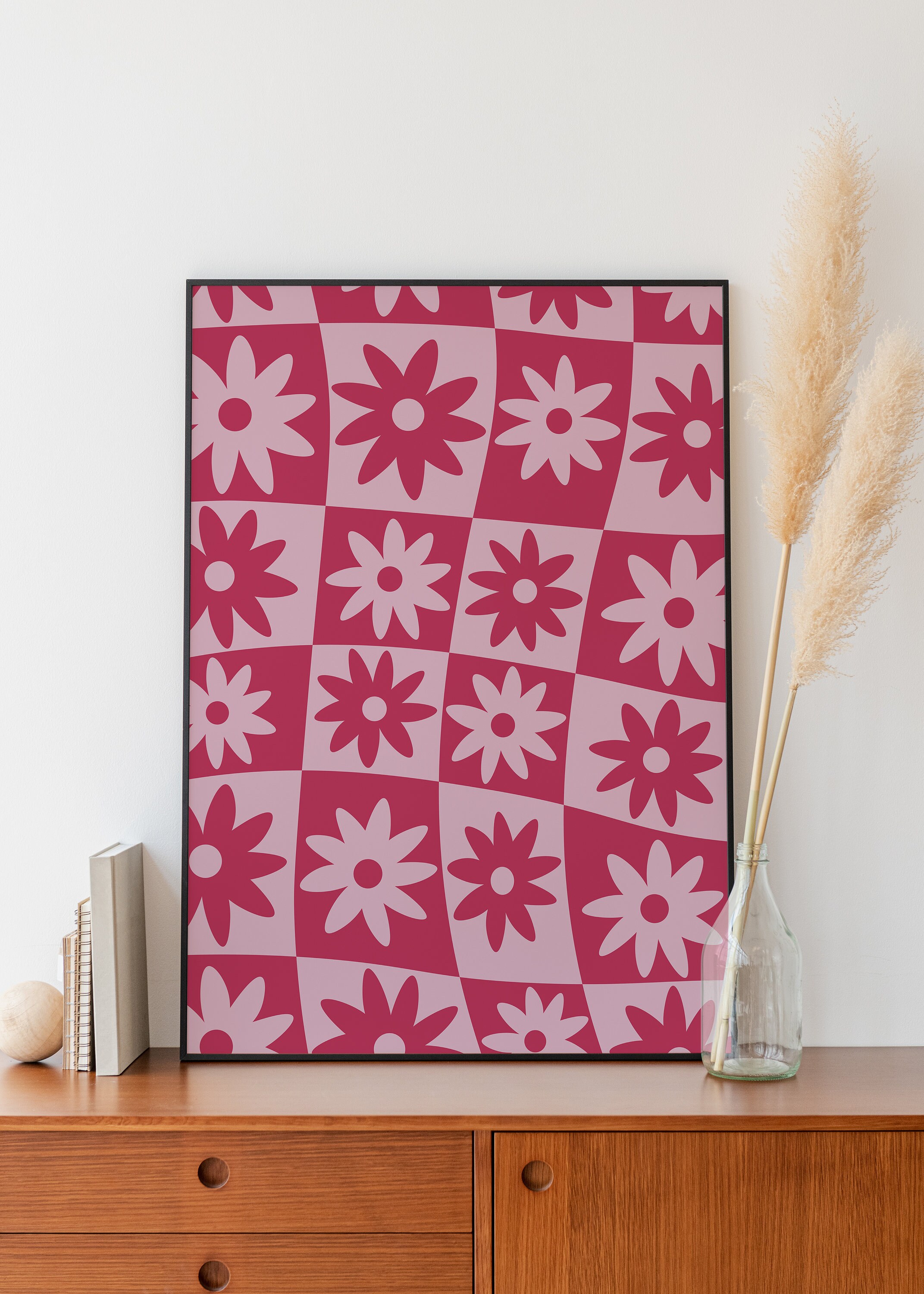 Funky Checkered Wavy Retro Digital Art Print, Pink Trendy Wall Art ...