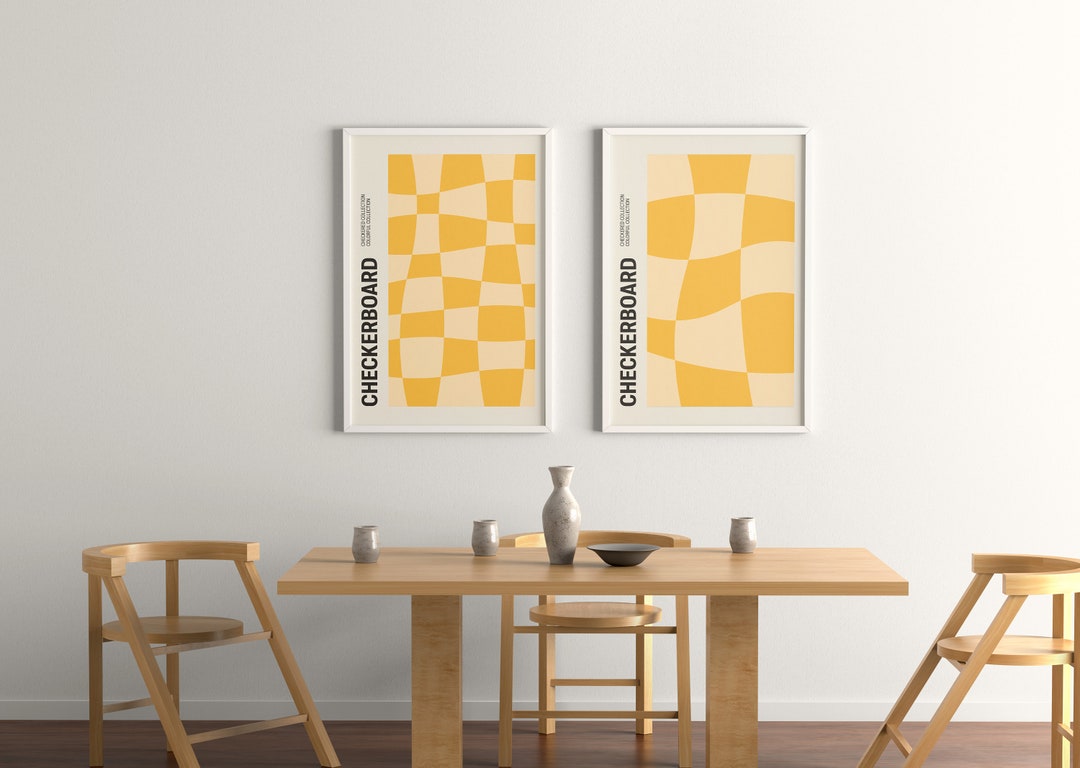 Checkered Poster, Funky Checkered Wavy Set Print, Yellow and Beige ...