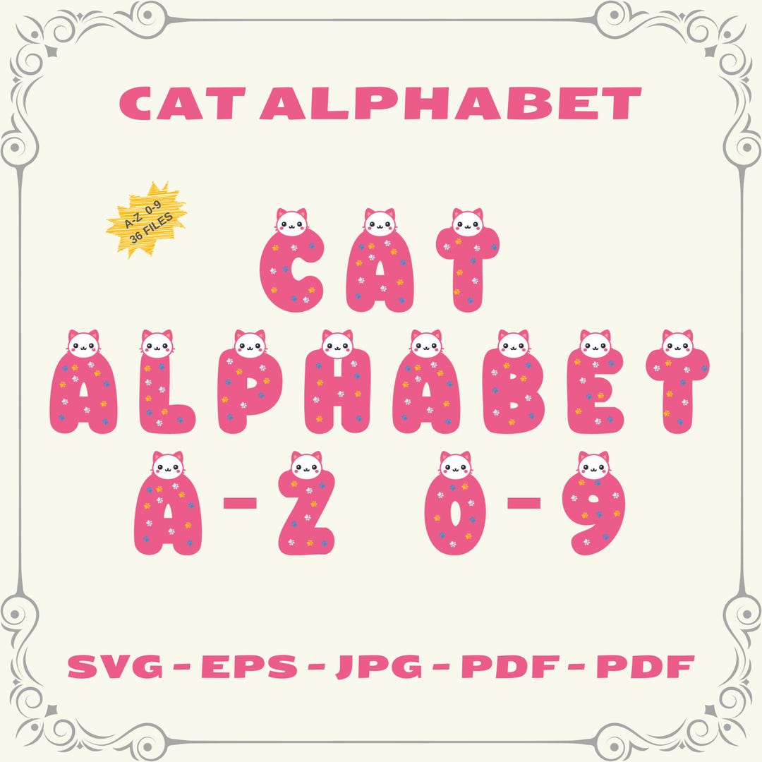 Cat Alphabet Numbers SVG, A-Z 0-9 Cute Cat Letters, Digital Download ...