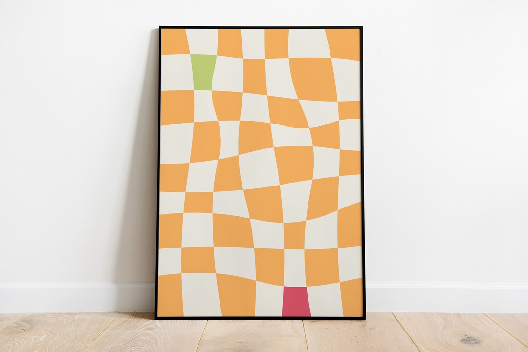 Funky Checkered Wavy Retro Digital Art Print, Orange Trendy Wall Art ...