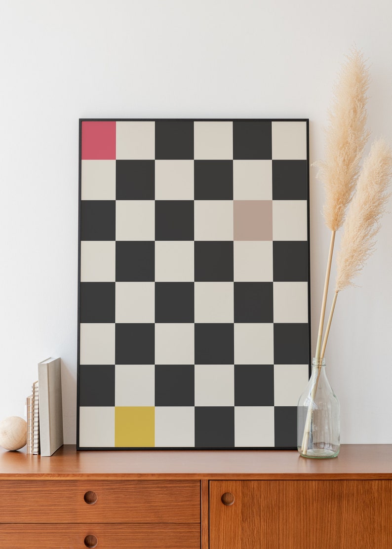 Funky Checkered Wavy Retro Digital Art Print, Black and White Trendy ...